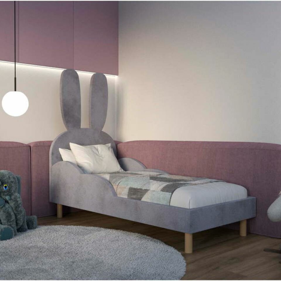 Детская кровать мягкая с ушками и бортиками 70x200 Банни цвет Серый