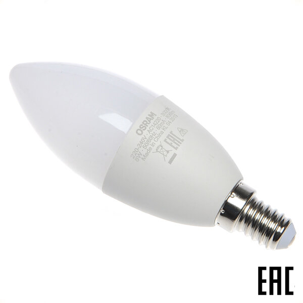 Лампа светодиодная "свеча" т/б свет 8Вт 10684 LEDSCLB75 230V FR E14 806Лм 2700К/3000К OSRAM (6 шт. в комплекте)