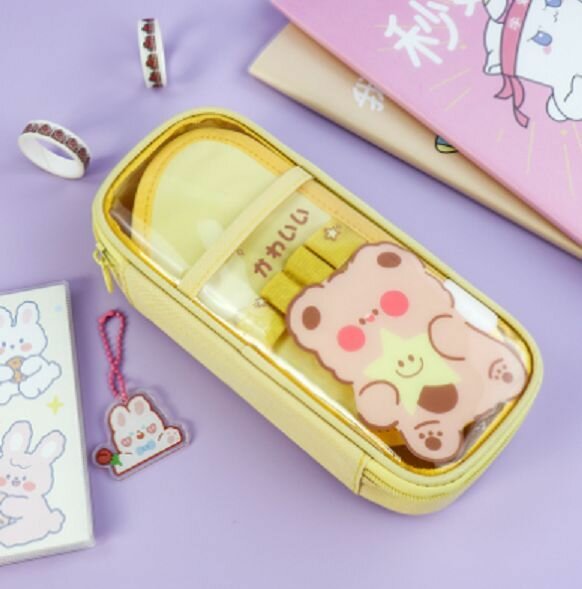 Пенал тканевый школьный для девочки Мишка желтый