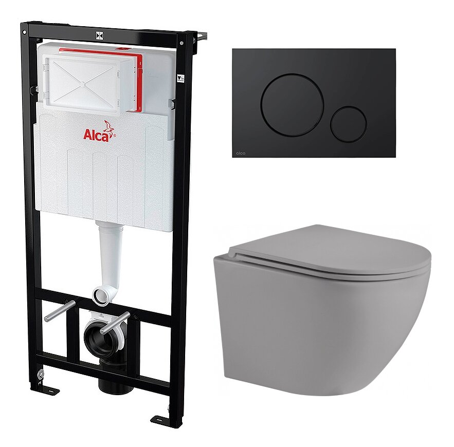 Комплект 3 в 1 инсталляция AlcaPlast + Унитаз подвесной Weltwasser WW Merzbach 043 MT-GR + черная кнопка