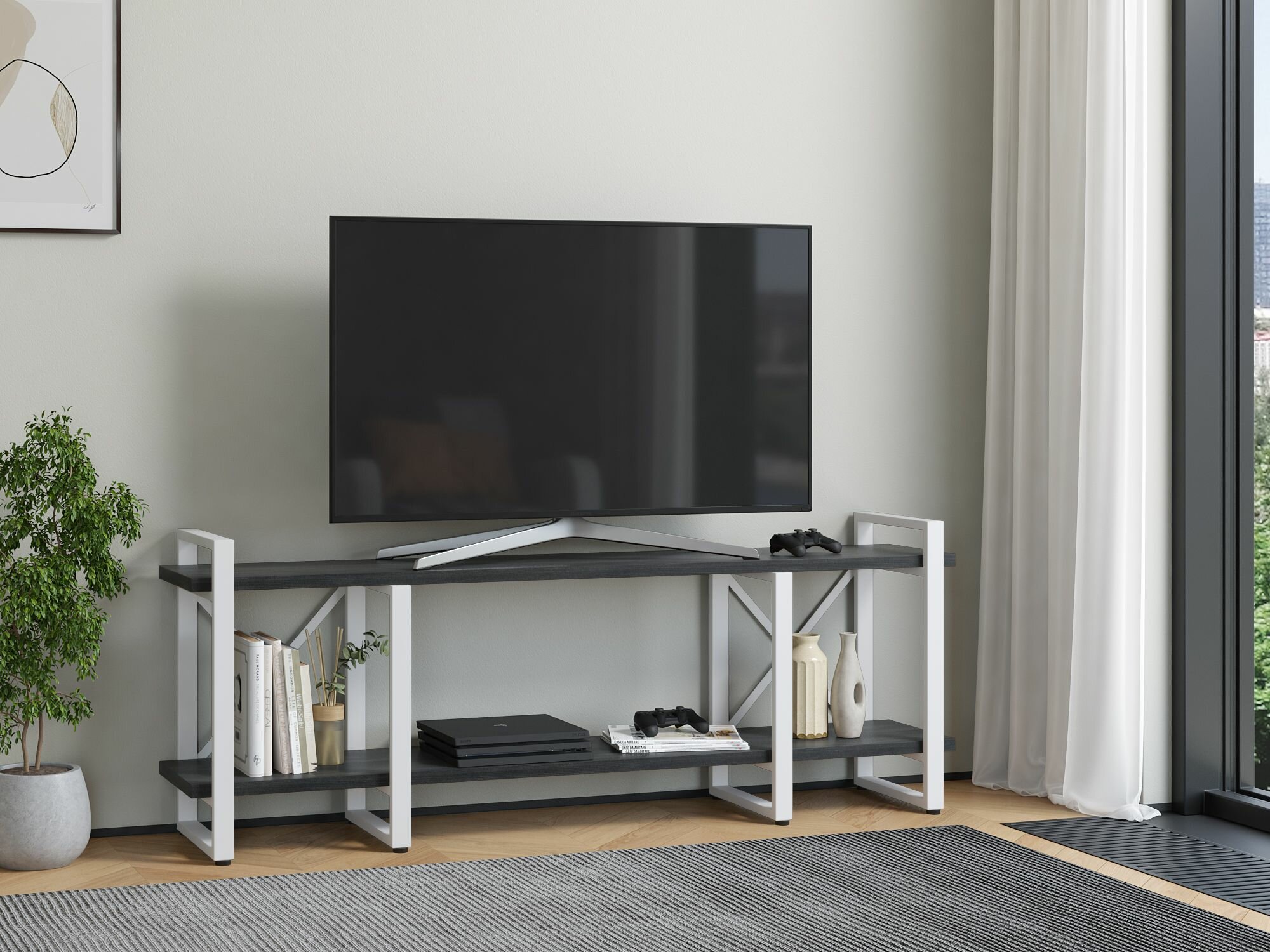 Тумба под ТВ Айсберг Лофт 160 белый/северное дерево темное