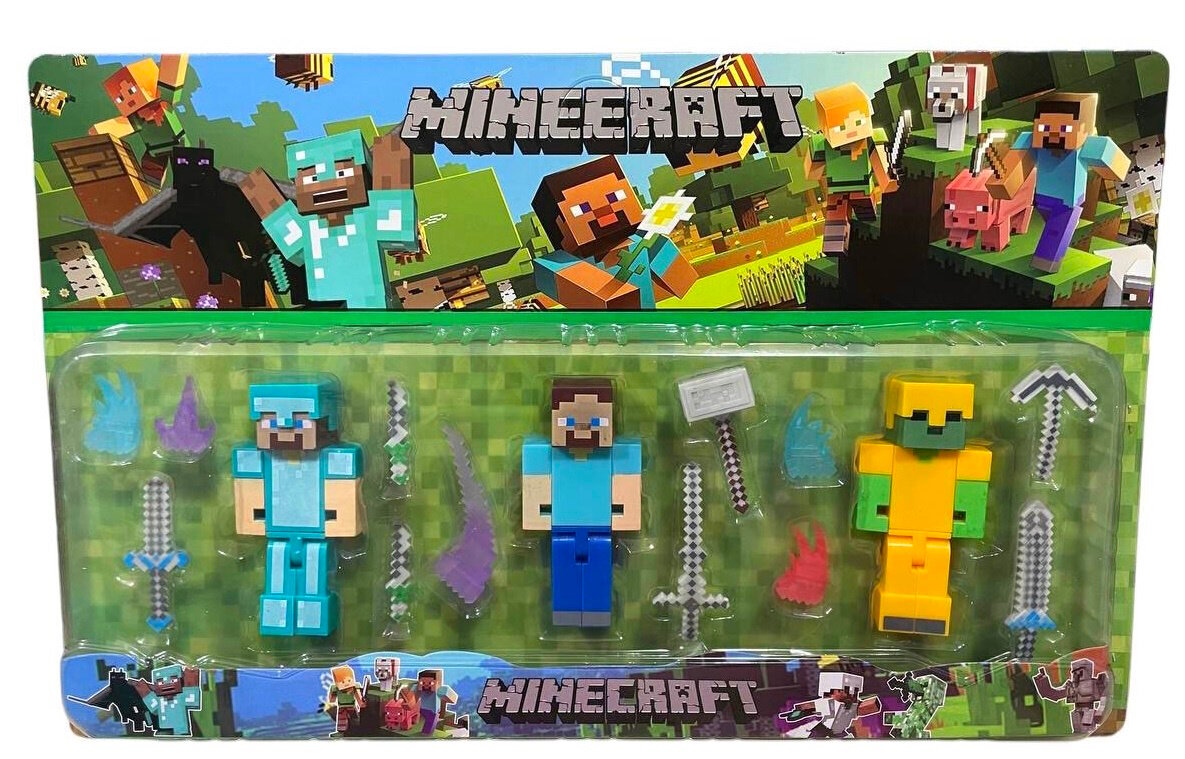 Набор Фигурок Майнкрафт 3 шт. + аксессуары Mineeraft. Стив, Зомби.