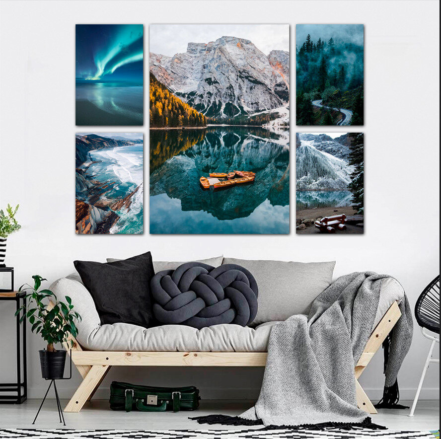 Интерьерная картина на стену модульная "Скандинавия", в наборе 5 вертикальных , размер центральной 60х90 см, небольшой формат 30х45 общий размер 120х90 см.