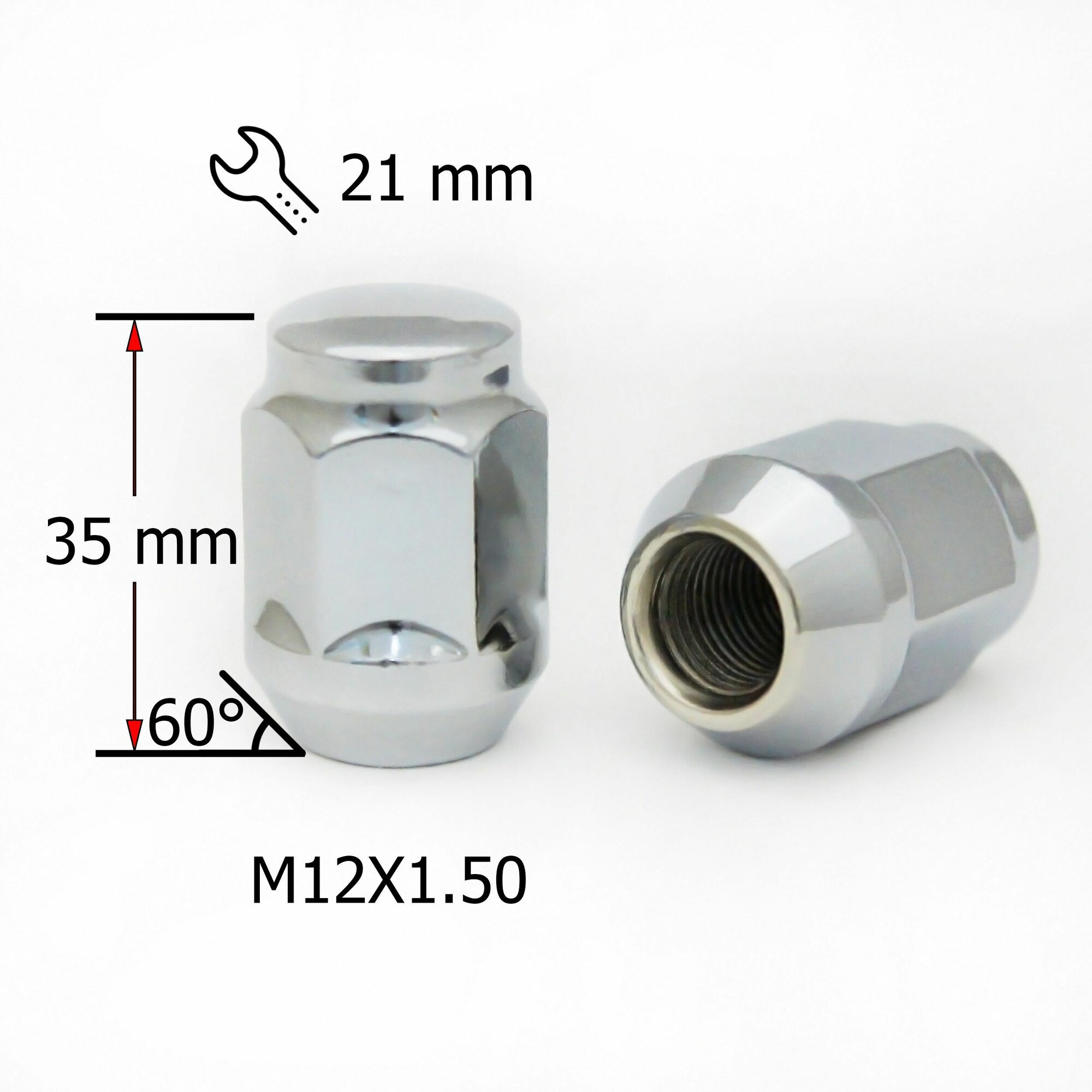 Гайка колесная M12х1,5 высота 35мм, Конус, закрытая, цельная, ключ 21мм, Хром