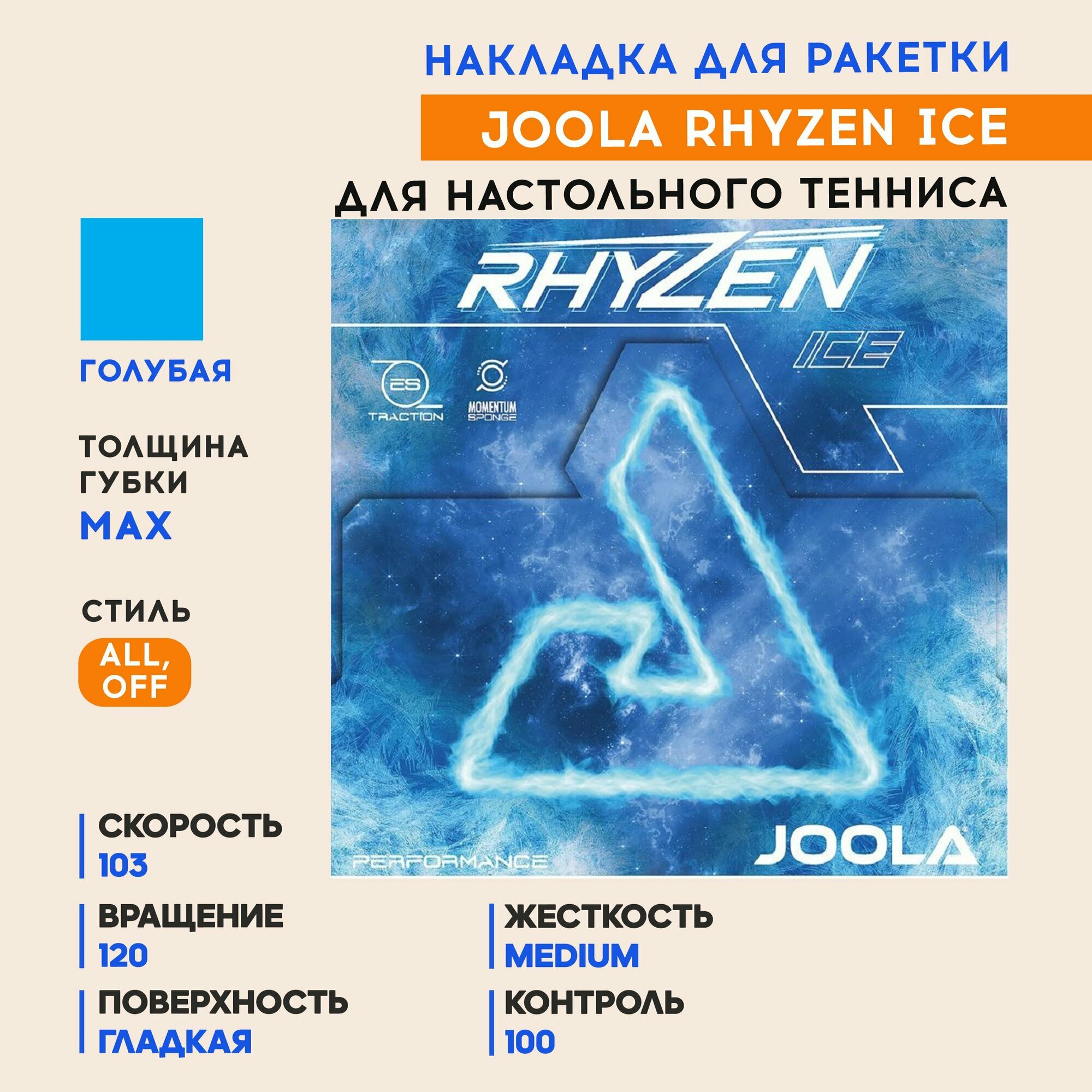 Накладка для ракетки настольного тенниса Rhyzen Ice (цвет голубой, толщина max)