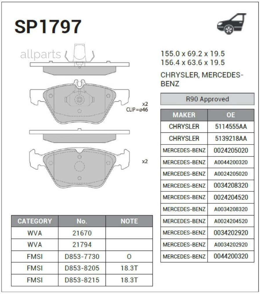 SANGSIN BRAKE SP1797 Колодки тормозные (Спереди) Mercedes-Benz E-Class 95-03 / Chrysler Crossfire 04-08