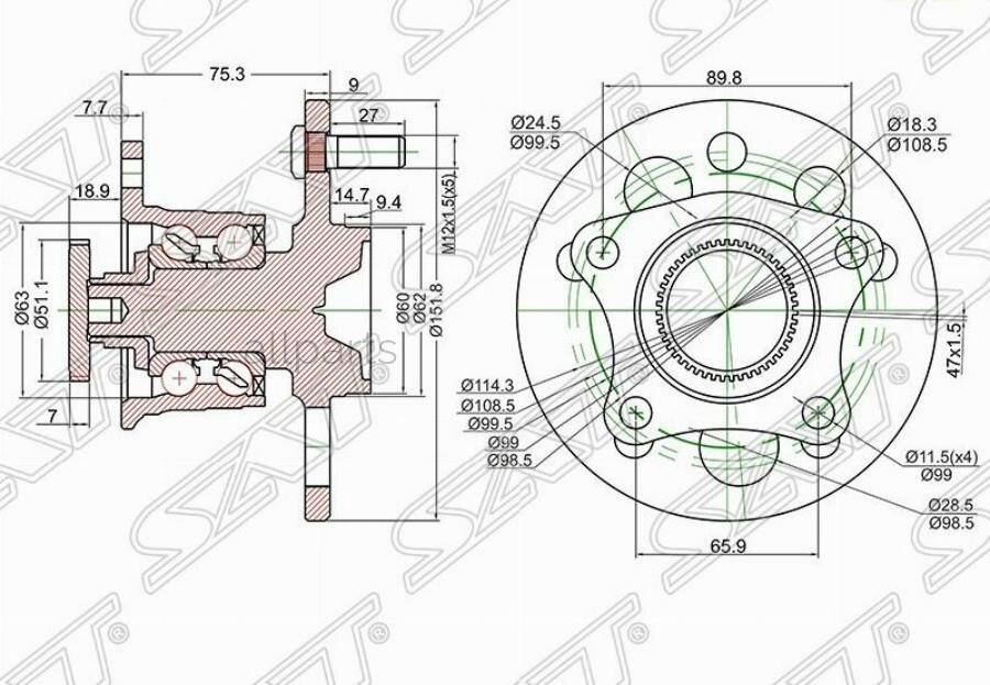 SAT ST-42450-33010 Ступичный узел задн. TOYOTA CAMRY #V10/SCEPTER #10/WINDOM #10/HARRIER ##U10
