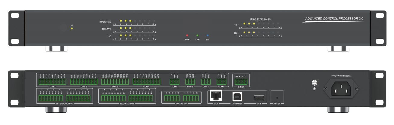 Qtex QCC CS801- Контроллер помещения, 8 портов RS-232, 8 GPI/O, 8 реле, 8 портов ИК-излучателя, ИК-порт для обучения, порт Ethernet 10/100/1000