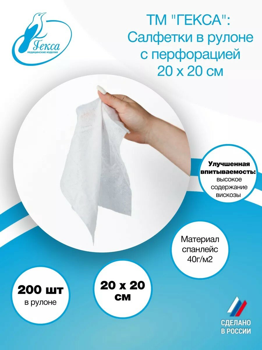 Салфетки спанлейс в рулоне плотность: 40 г/м2, размер: 20х20см, 200 шт.