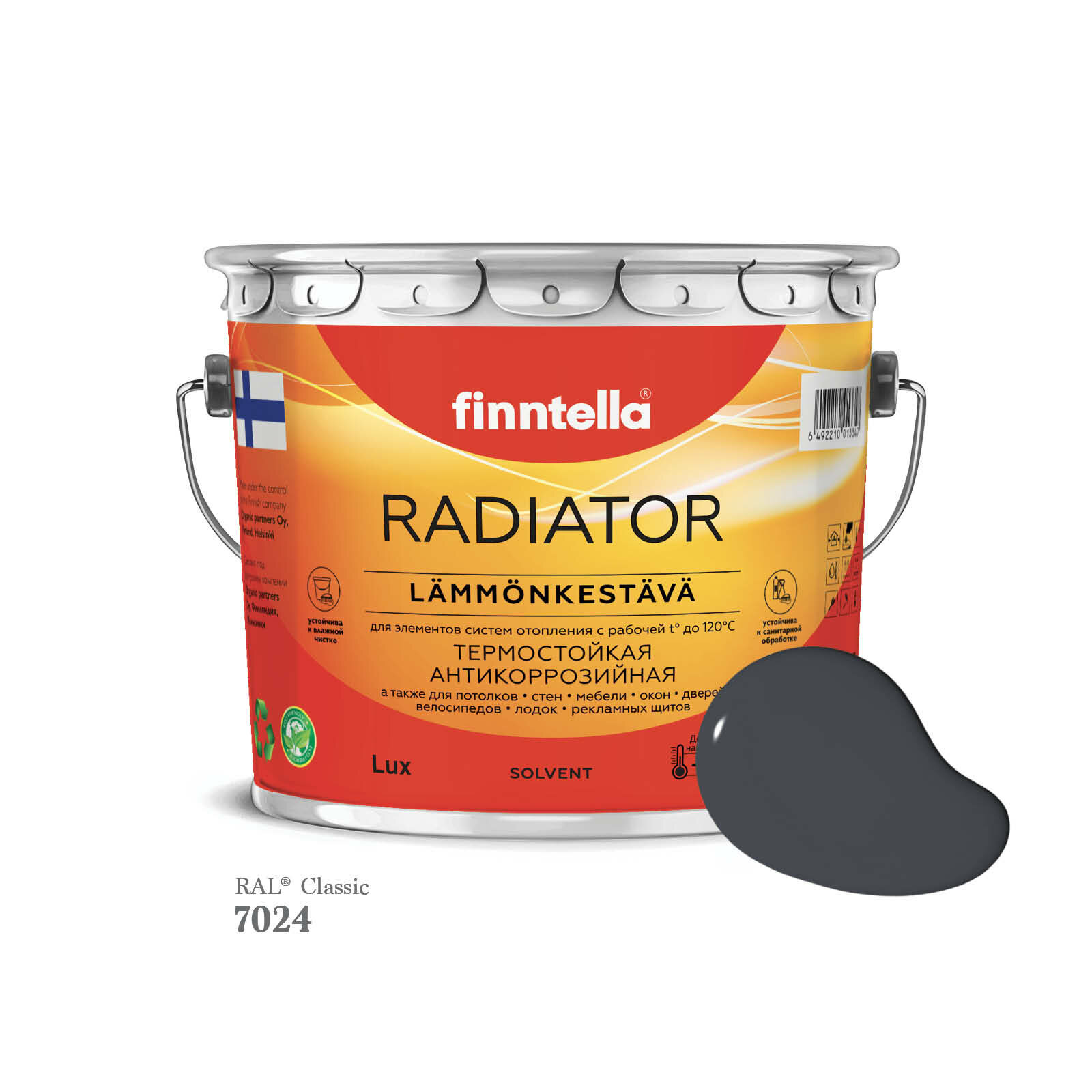 Краска для радиаторов быстросохнущая финская эмаль FINNTELLA RADIATOR, цвет RAL7024 , 2,7л