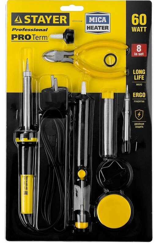 Набор для паяльных работ STAYER PROTerm, паяльник 60Вт + подставка + припой + жало сменное + шприц + насадка на жало + к