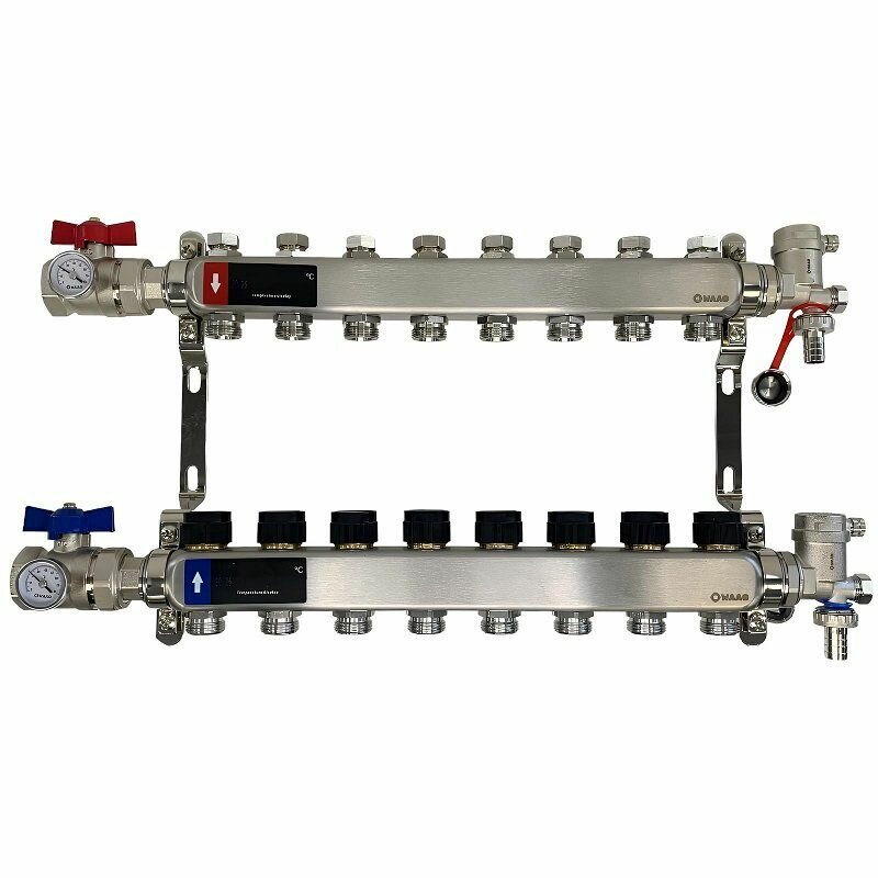 Коллектор для радиаторов в сборе на 8 контуров с термостатическими клапанами и запорными кранами, сталь нержавеющая, WAAG 1"х3/4"