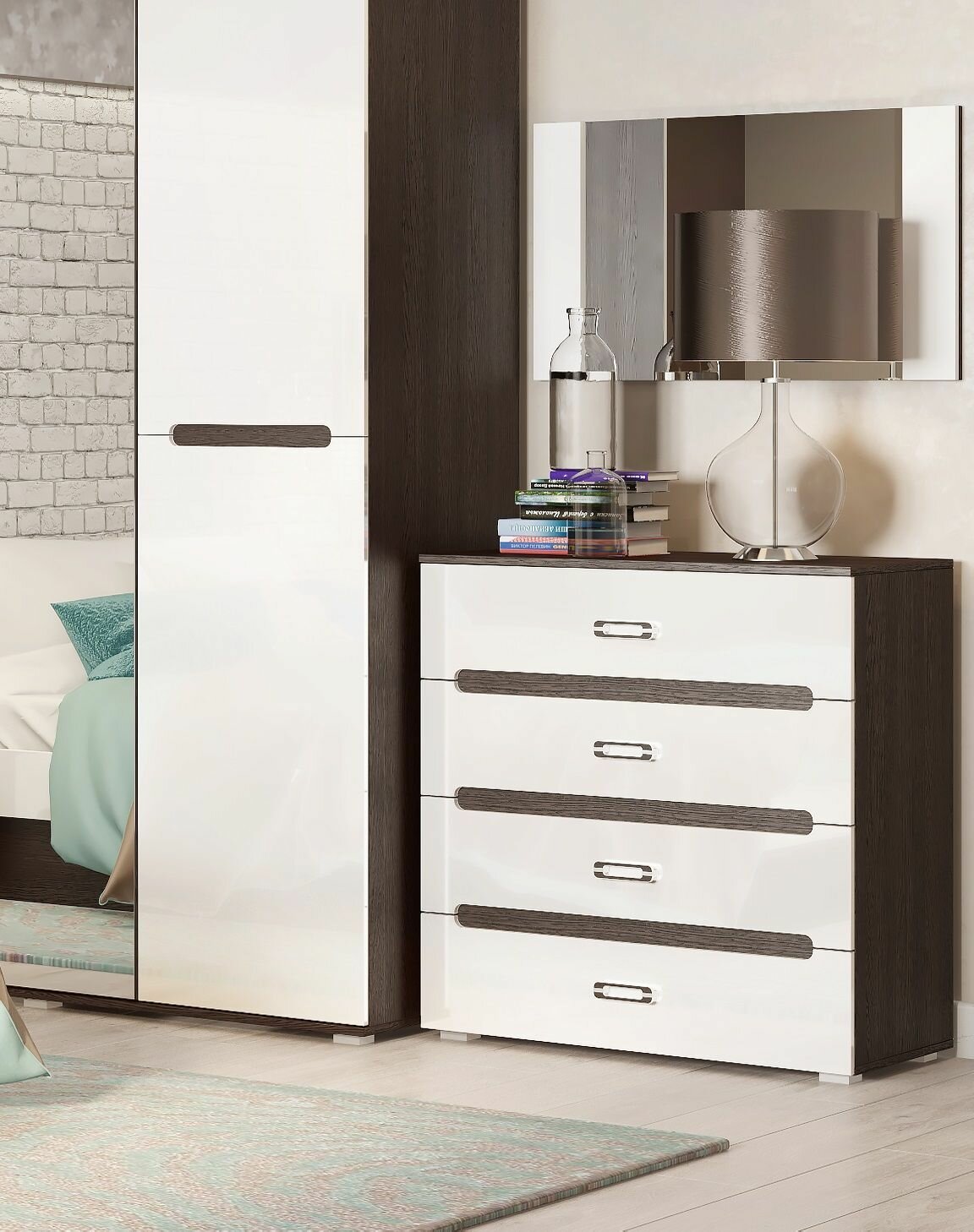 Комод Ким 4 ящика Белый глянец холодный/Венге