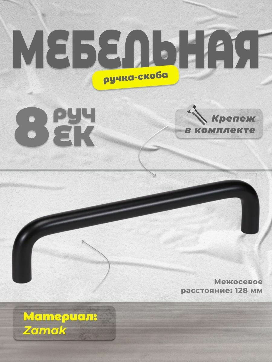 Ручка-скоба мебельная Inred IN.01.3025.128. MBL матовый чёрный, комплект 8 шт, ручка для шкафов и комодов, для кухонного гарнитура, для мебели
