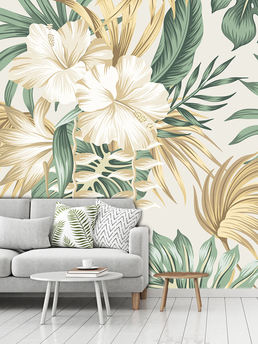 Фотообои листья пальмы +клей В подарок, фотообои пальмовые листья, фотообои листья папоротника "Голден микс", 368 см х 270 см (Ш х В), MaskOff