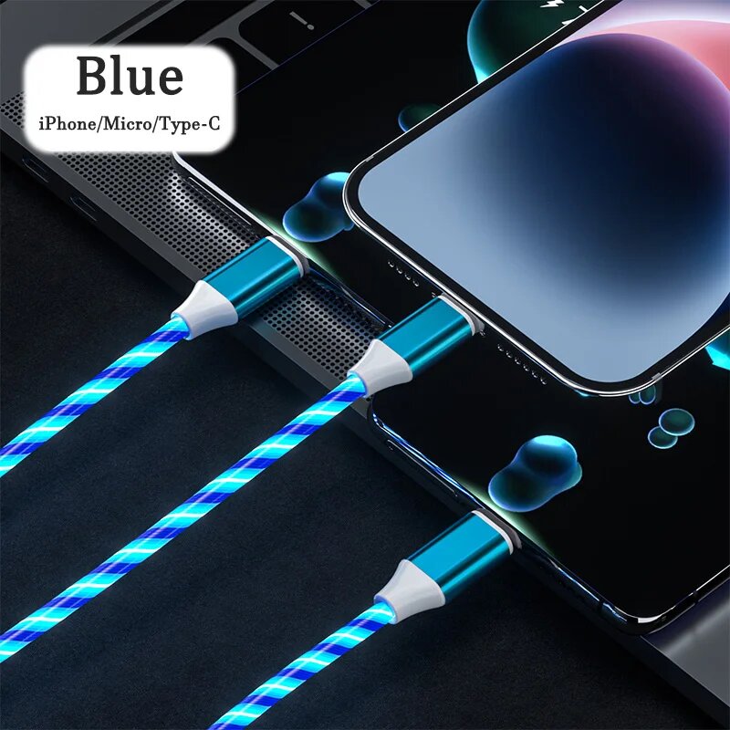 Светящийся кабель Blue iPhone/Micro/Type-C