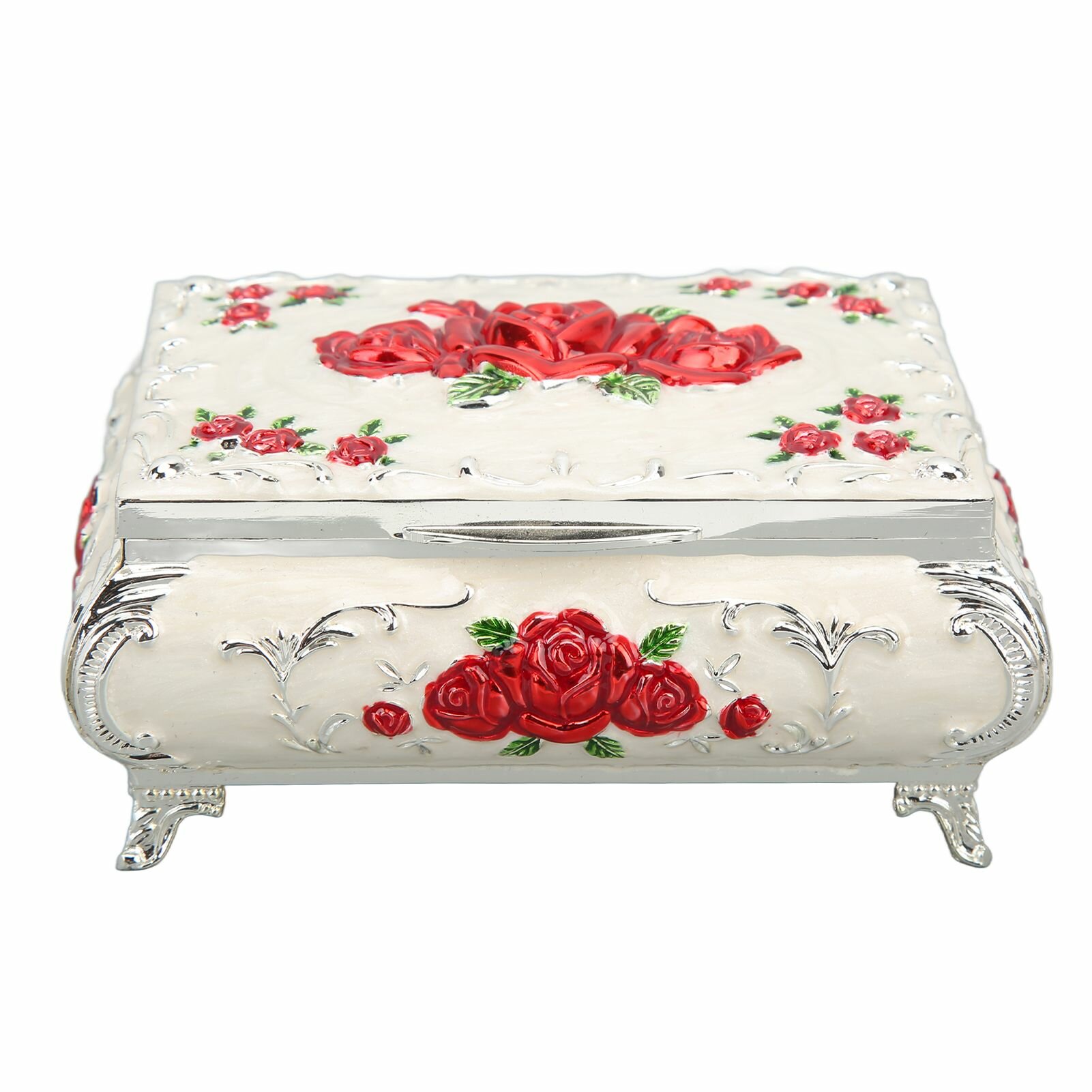 Винтажная шкатулка для украшений: Металлическая коробка с красными розами серебро-белый