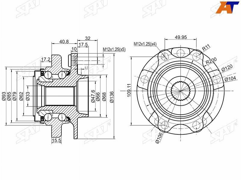 . SAT Ступица передняя в сборе для NISSAN MURANO Z50/PRESAGE U31/QUEST V42/TEANA #J31