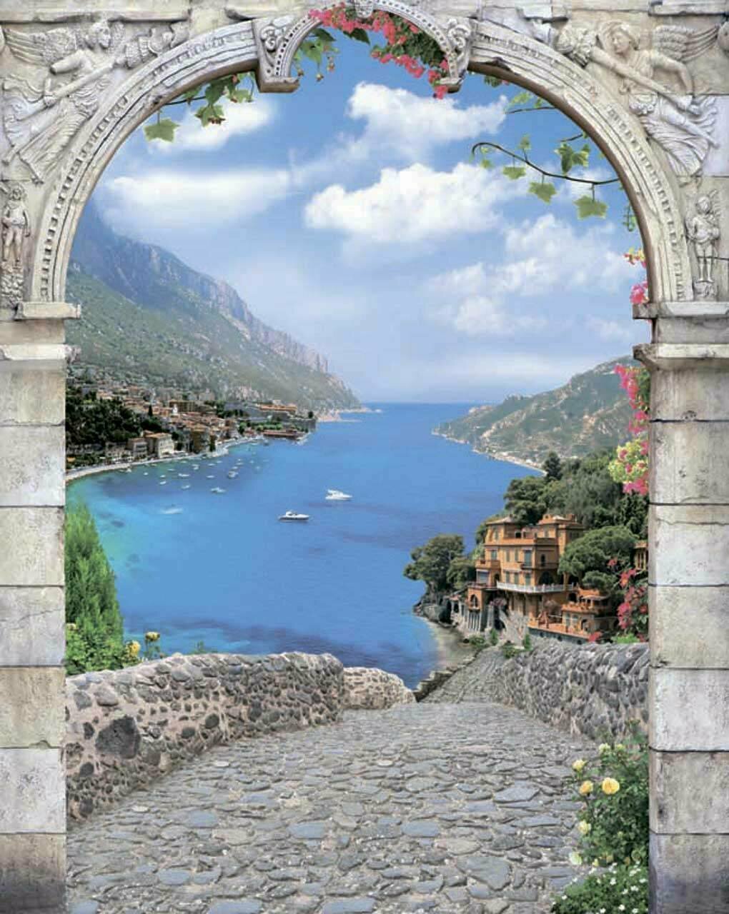 Фотообои Арка с видом на город у моря 11-061-S-Флекс 270 x 200 см (ВхШ) Бесшовные, флизелиновые, влагостойкие обои MasterFresok