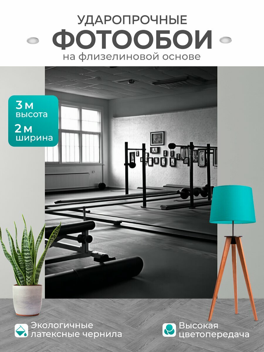 Фотообои моющиеся ударопрочные "Винтаж изображают очаровательный старинный спортзал, где стоят тренажёры из дерева и коврики в стиле ретро. на стенах" 200x300 см. флизелиновые на стену