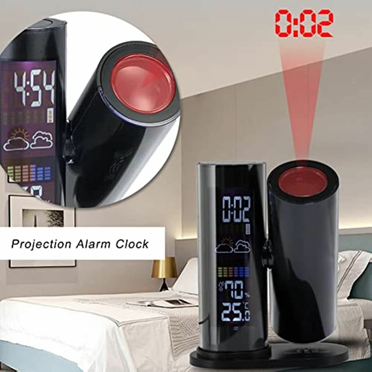Зеркальные проекционные часы, с температурой, гигрометром и метеостанцией, цифровые часы с подсветкой, проекция в спальне, вращающаяся на 360 градусов