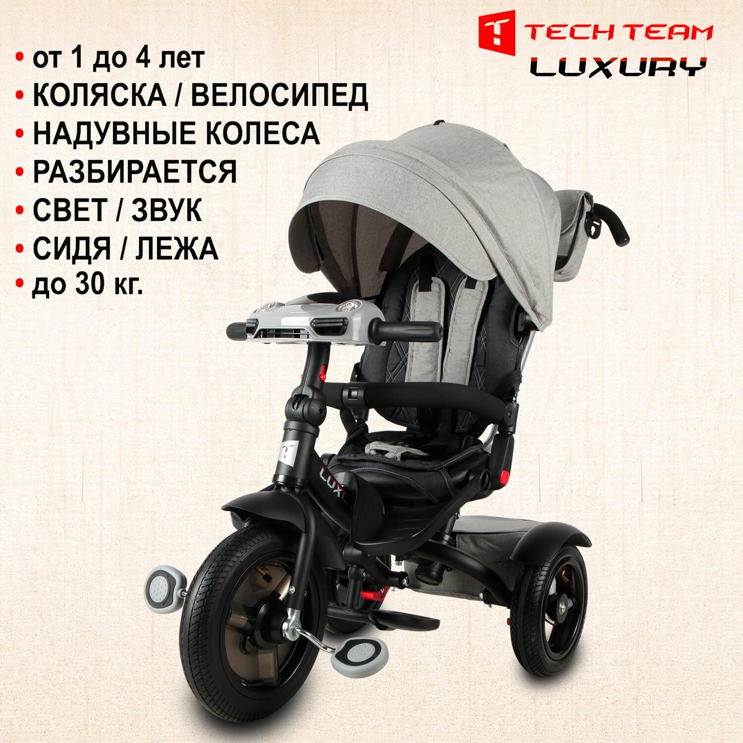 Детский трехколесный велосипед с ручкой Tech Team Luxury 2025 серый