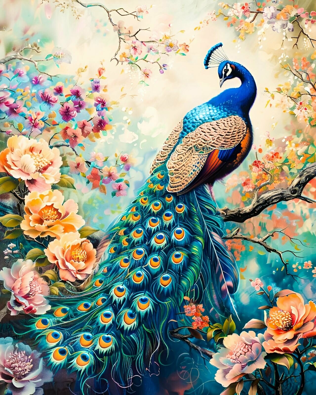 Картина по номерам на подрамнике 40*50 см "Павлин в розах"