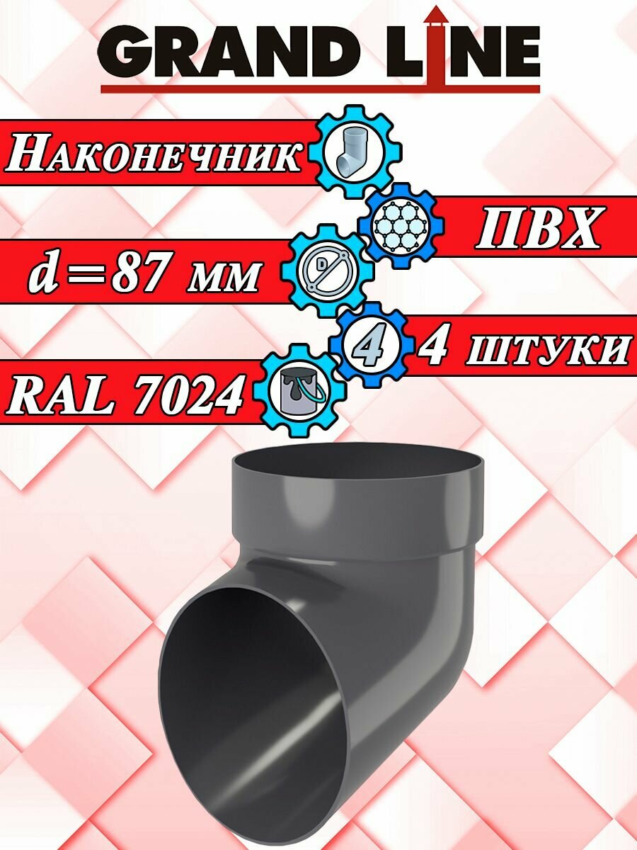 Слив трубы 4 штуки Grand Line графит ПВХ (d 87 мм) колено сливное для водосточной системы (RAL 7024) комплект элементов водостока Гранд Лайн для крыши, наконечник