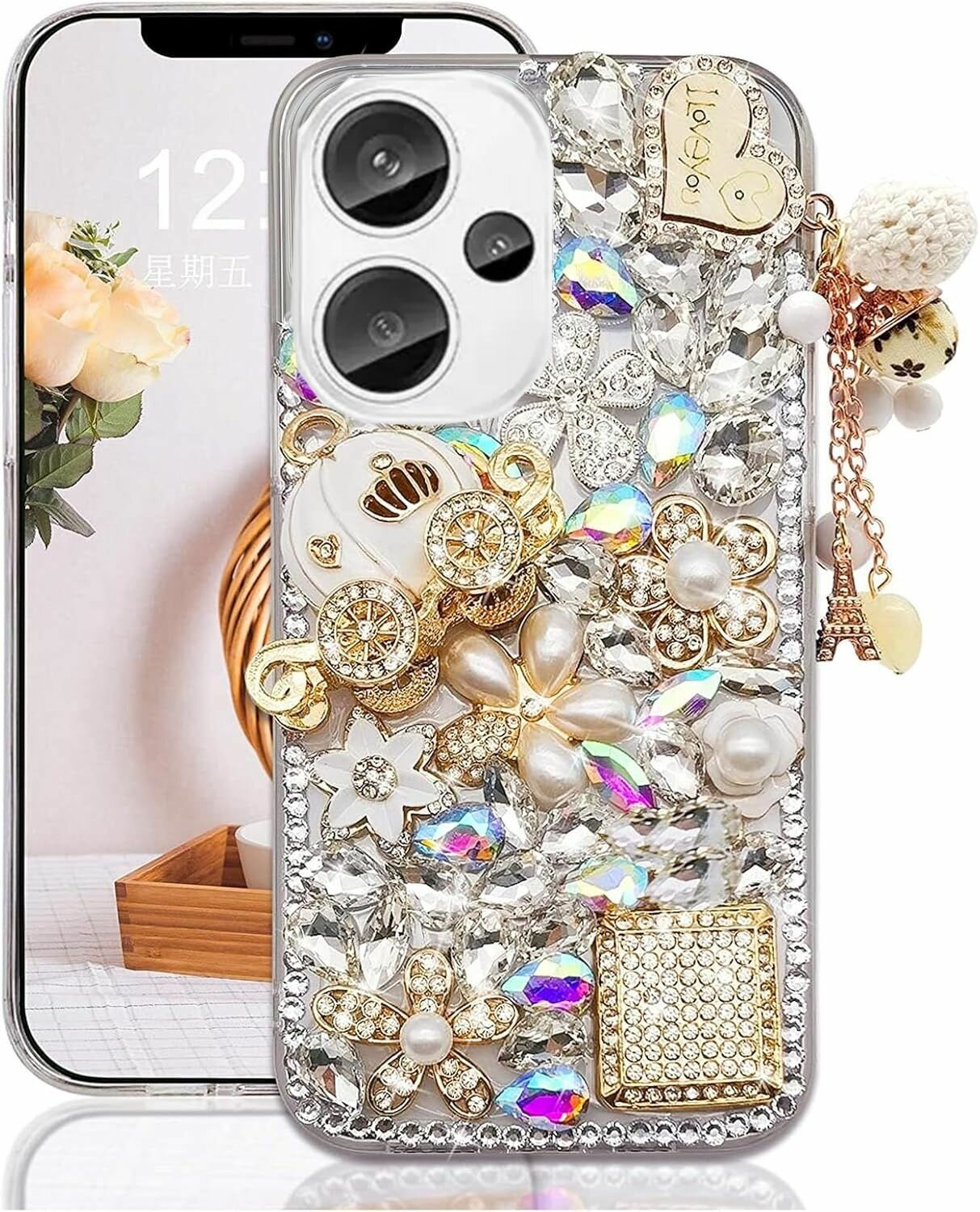 Чехол для Xiaomi Redmi Note 13 Pro+ прозрачный (Редми нот 13 про плюс), Luxury 3D с бриллиантовым кристаллом/Сверкающий стразами/Просто и стильно(белый)