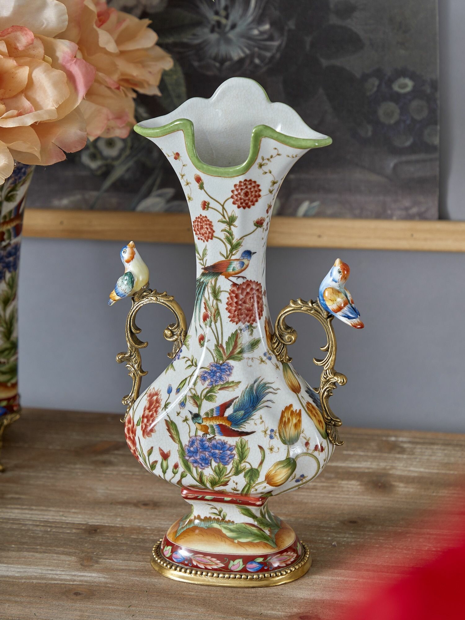 31G2653/A1247HC/HX2145E Ваза с птичками 17х10х33см, Фарфор, бронза, Glasar