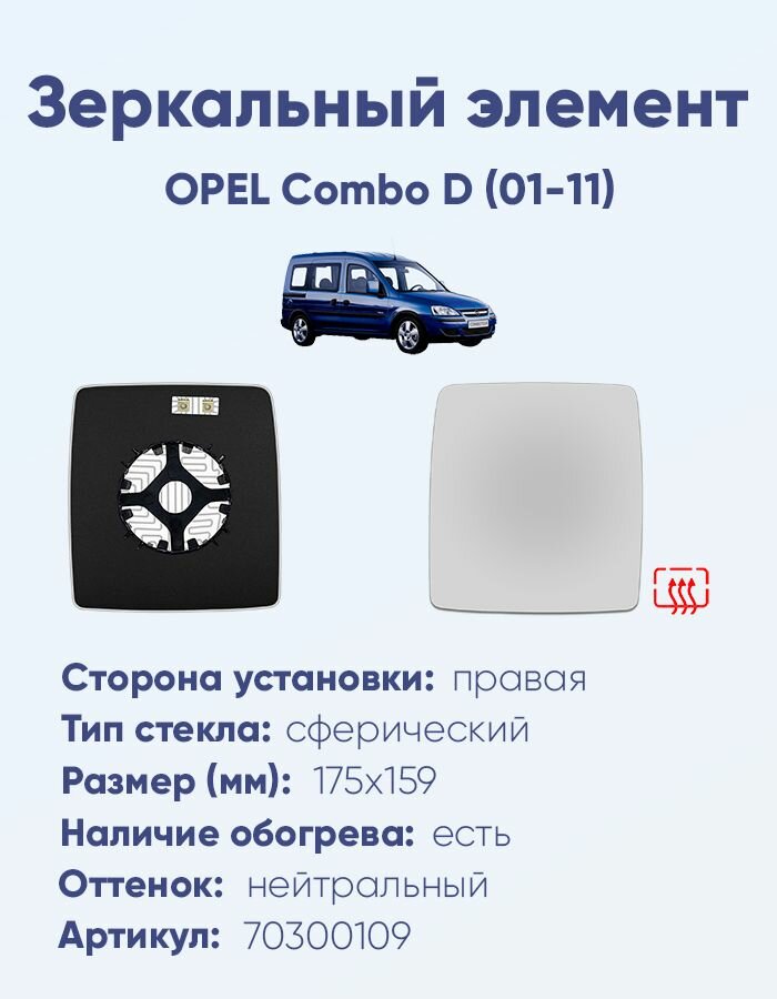 Зеркальный элемент правый OPEL Combo D (01-11) сфера нейтральный с обогревом