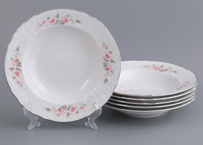 Набор глубоких тарелок "Bernadotte", 23 см, 6 штук, "Серая роза", отводка платина Чехия