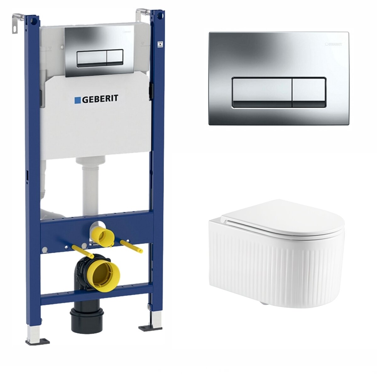 Комплект 3 в 1 инсталляция Geberit Duofix + Подвесной унитаз Enio Morris Tornado с кнопкой Delta 51 хром 111.153.00.1+115.105.21.1+111.839.00.1 + EN2870511