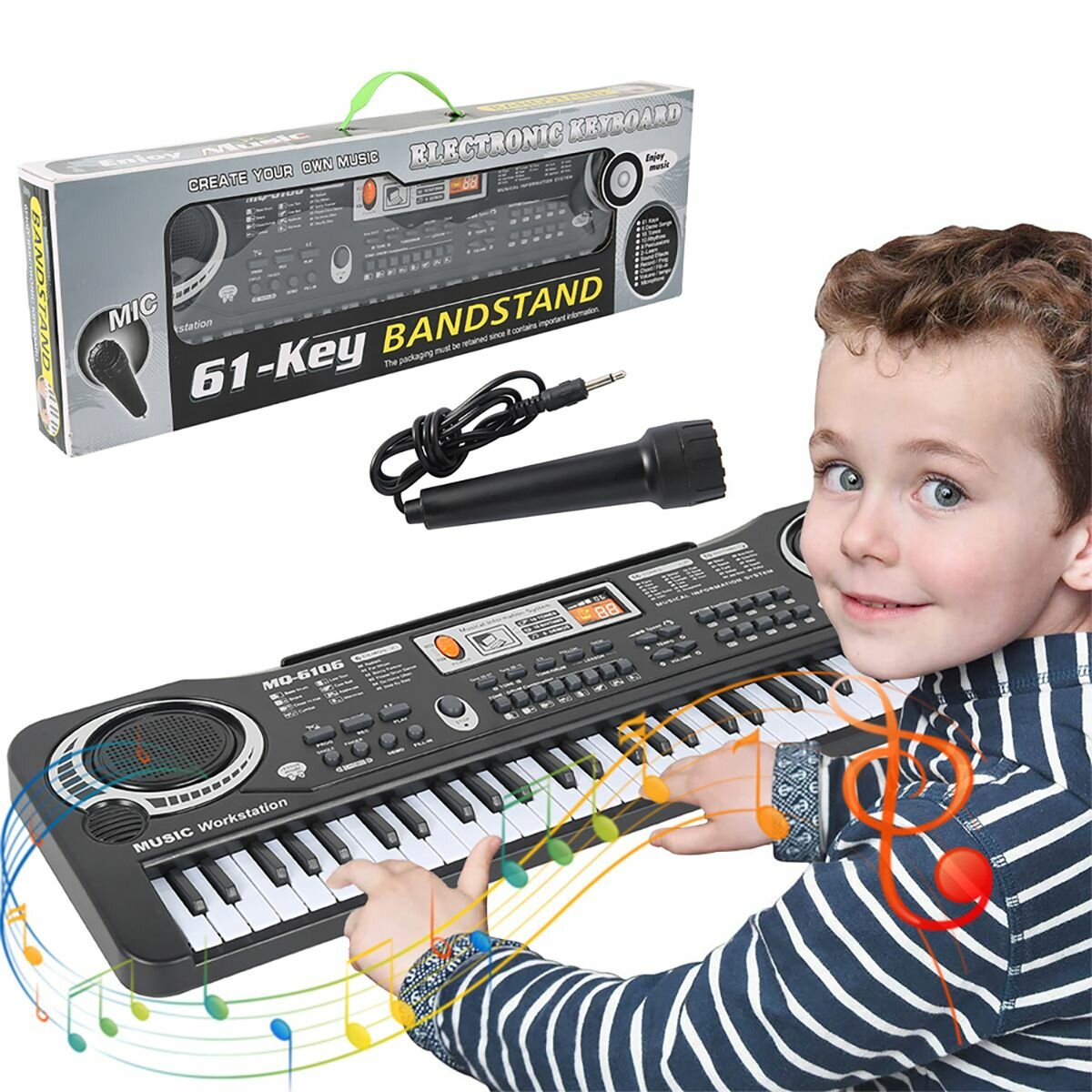 Детский синтезатор с микрофоном, 61 клавиша, электронное пианино