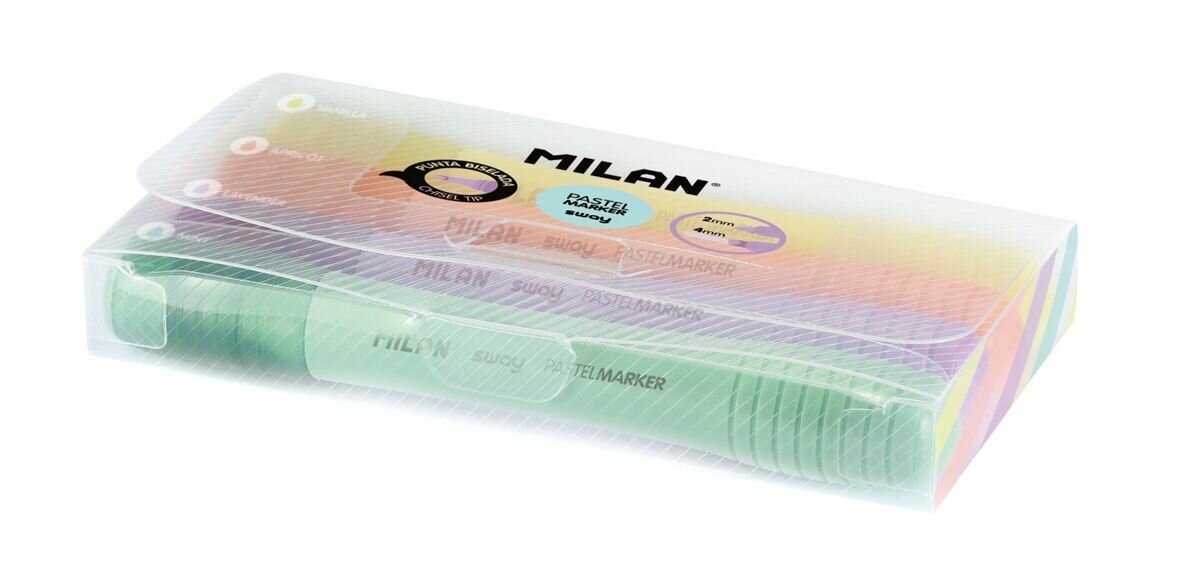 Текстовыделители Milan "Sway" Pastel, 4 цвета, желтый, мятно-зеленый, абрикосово-оранжевый и лавандово-сиреневый, 7 шт