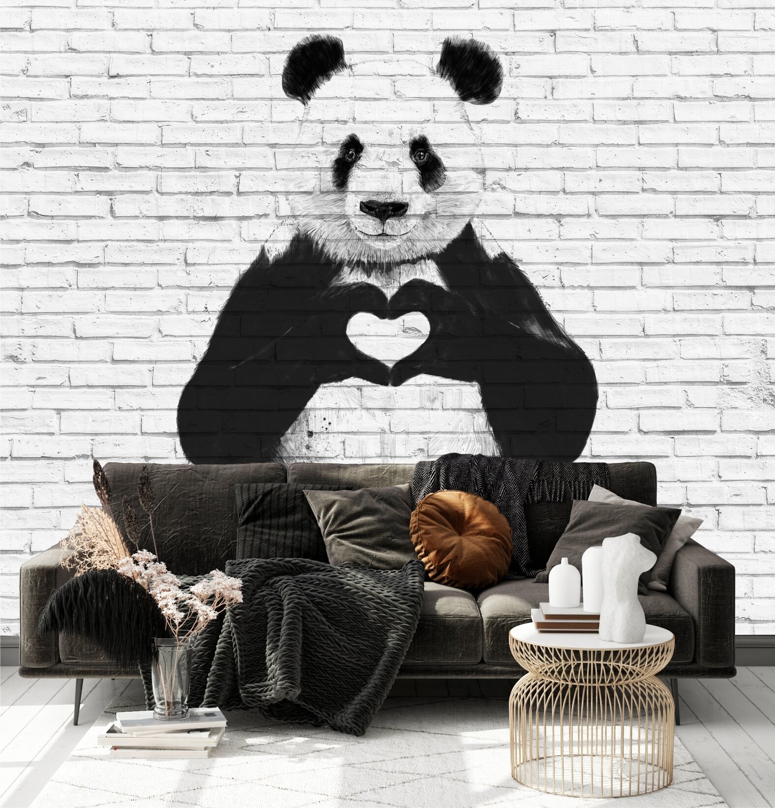 Фотообои "Панда на фоне кирпичной стены" 300х270 см для детской, спальни, коридора, молодежные, лофт, с животными