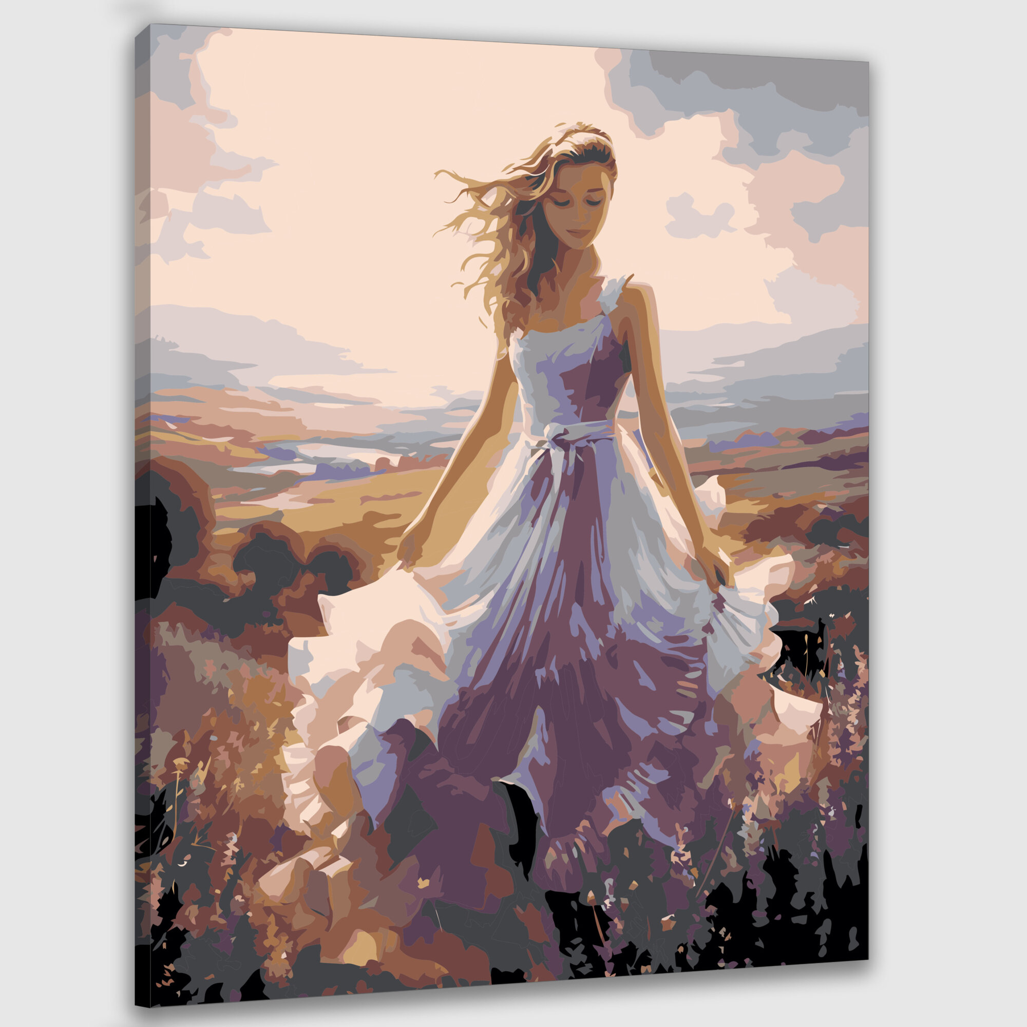 Картина по номерам 40x50 см, девушка, поле, лаванда, платье, ветерок, свет, спокойствие, безмятежность, фотография