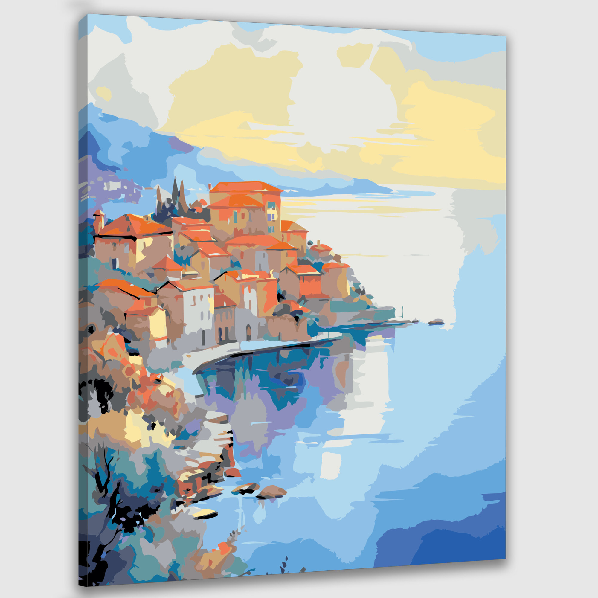 Картина по номерам 40x50 см, акварель, картина, прибрежная деревня, рассвет, море, дома, черепичные крыши, отражения