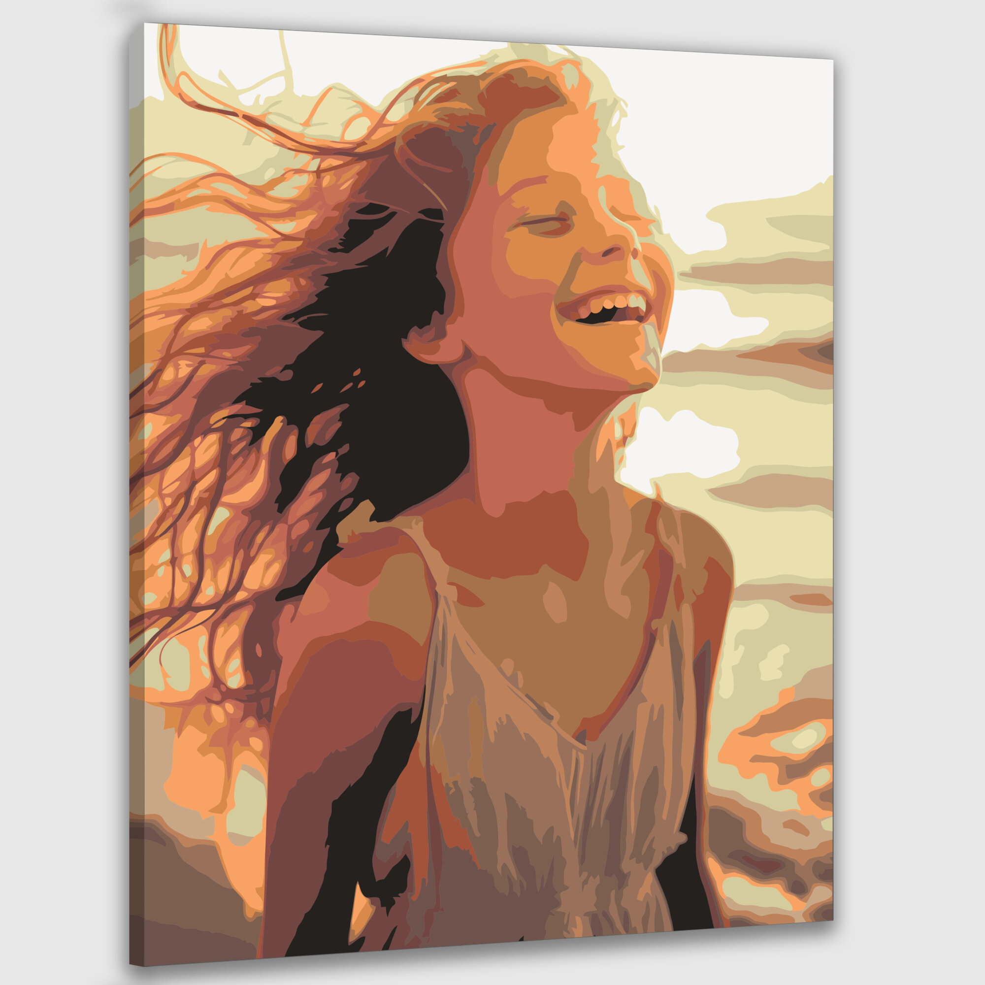 Картина по номерам 40x50 см, девушка, улыбка, смех, свет, лицо, сияние, пляж, волны, радость, море