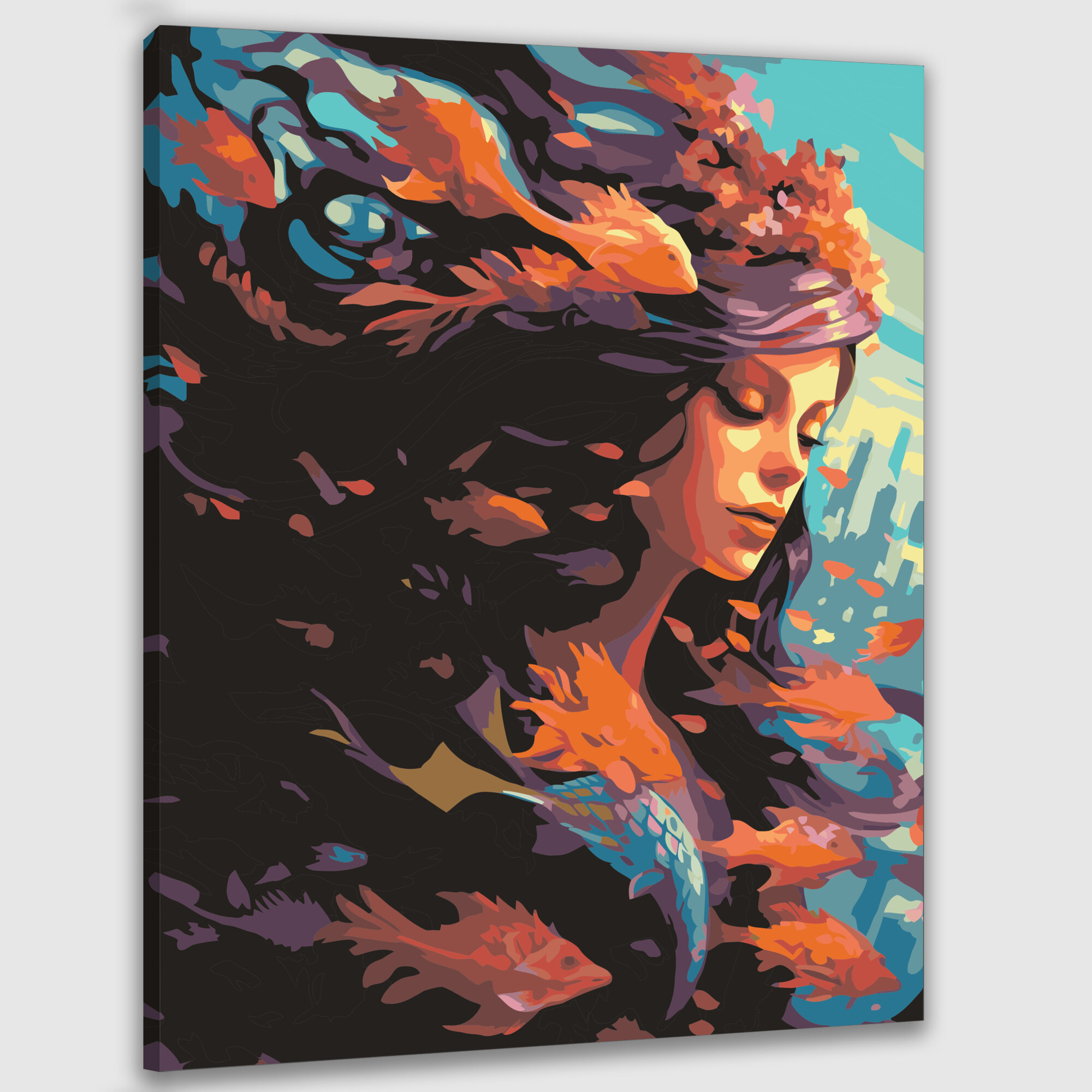 Картина по номерам 40x50 см, русалка, океан, глубины, волосы, хвост, коралловые рифы, морские существа, бирюзовый цвет