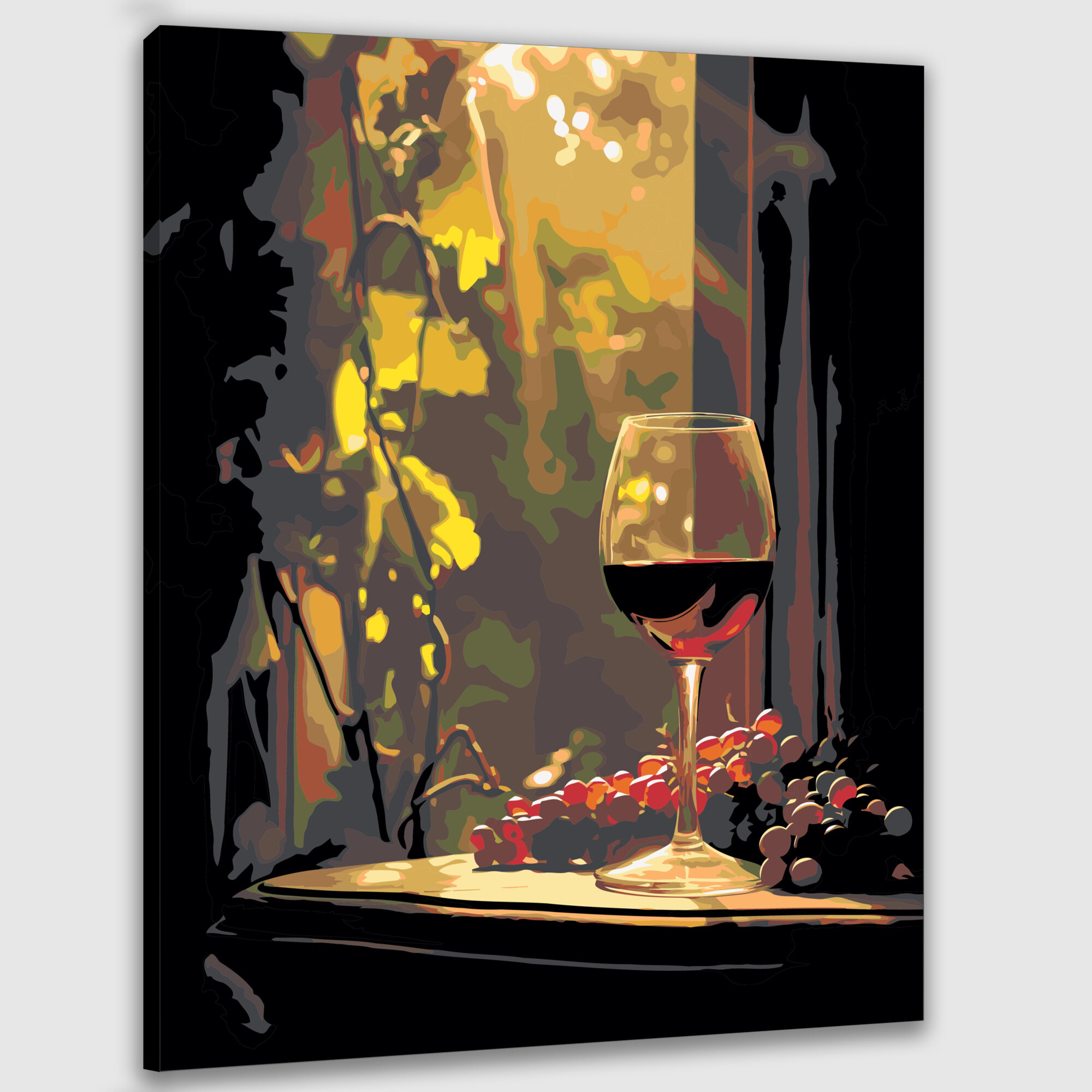 Картина по номерам 40x50 см, бокал вина, солнечный луч, золотистый отблеск, красная жидкость, деревянный стол