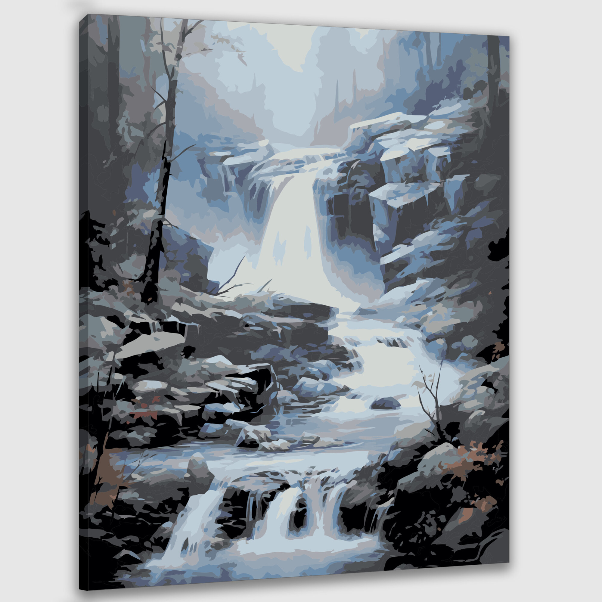 Картина по номерам 40x50 см, картина маслом, водопад, каскад, каменный лес, мазок художника, бегущая вода, синие цвета