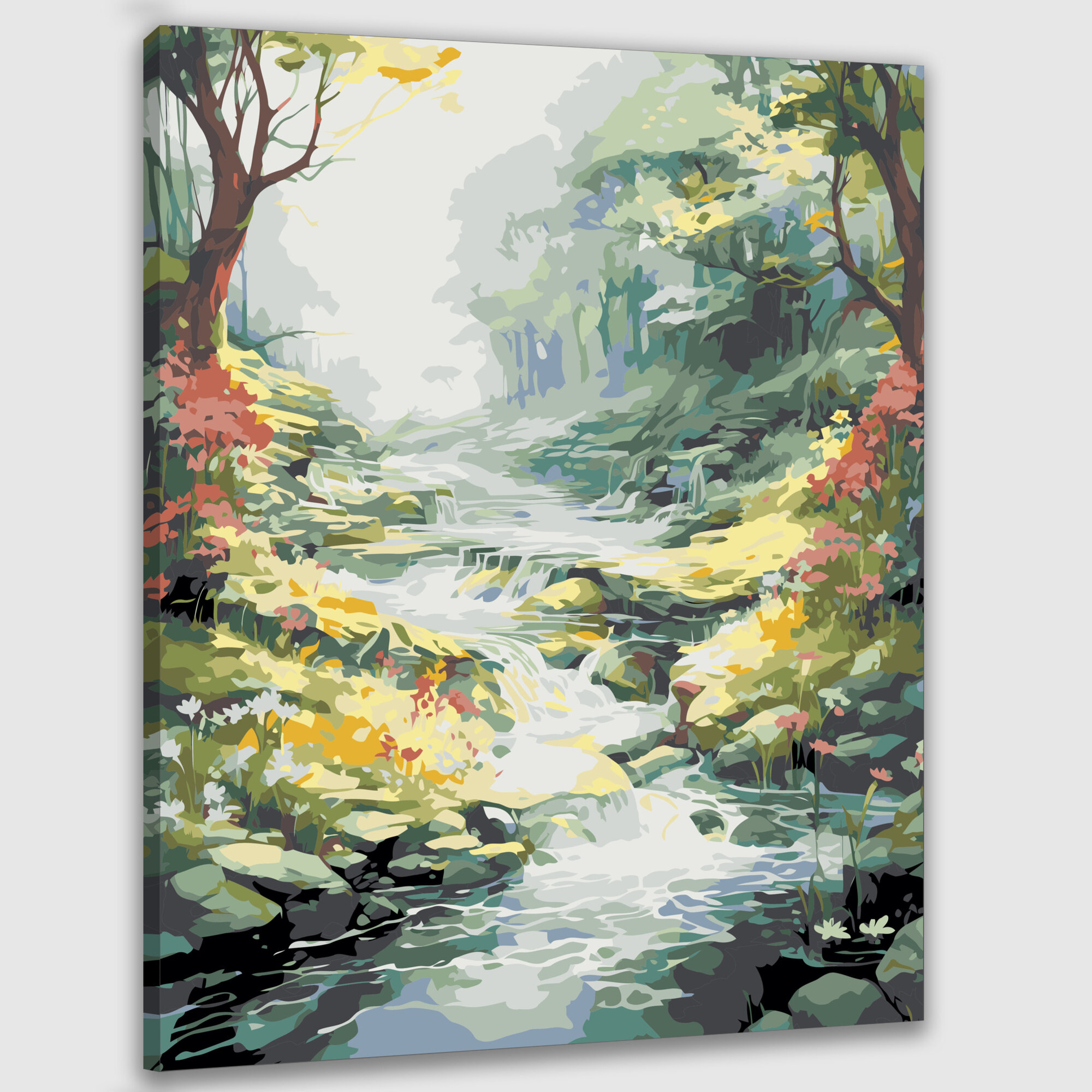 Картина по номерам 40x50 см, река, лес, флора, фауна, акварельная иллюстрация, эльфийская, волшебный, мечтательный
