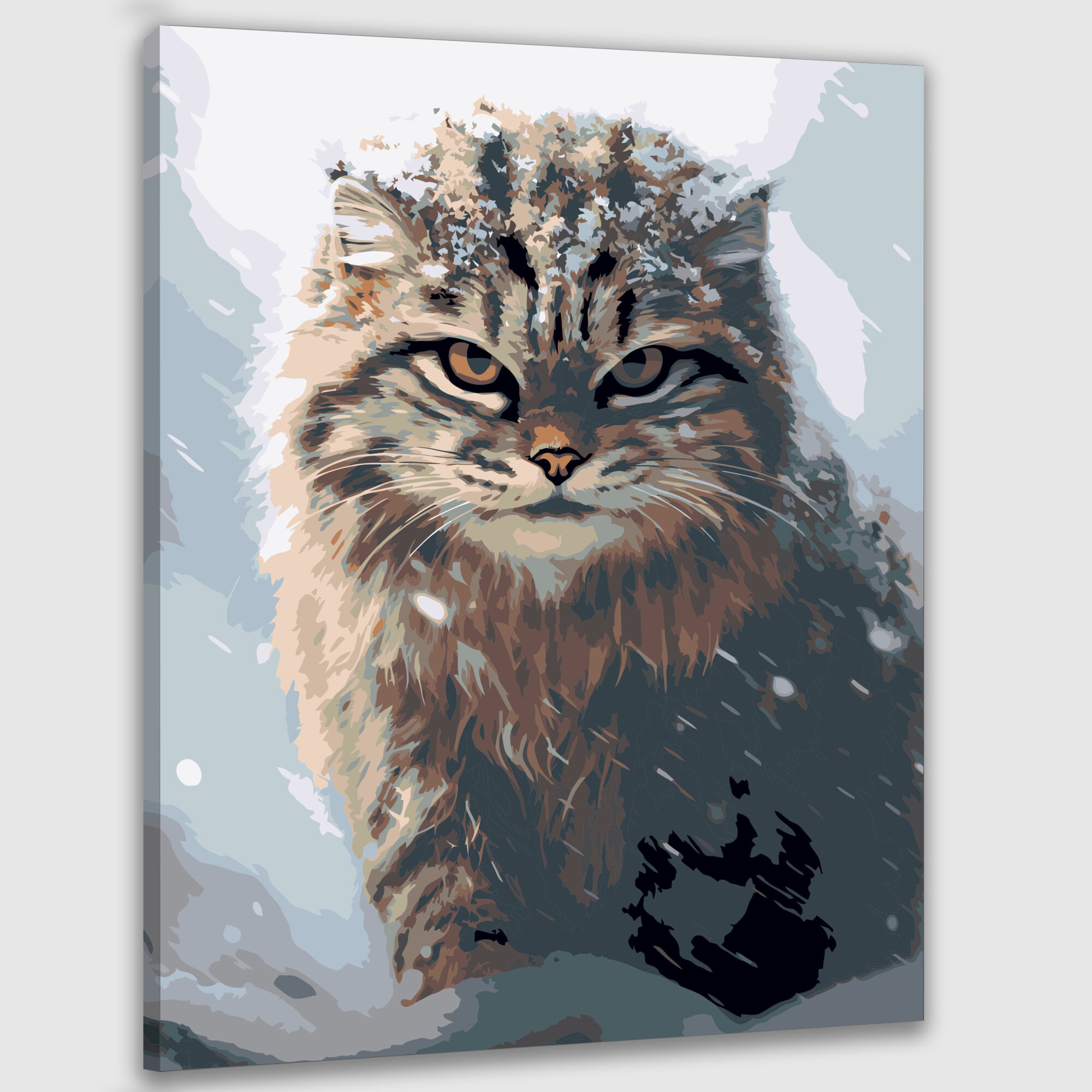 Картина по номерам 40x50 см, манул, мануловая кошка, цифровая иллюстрация, заснеженный ландшафт, желтые глаза, фон