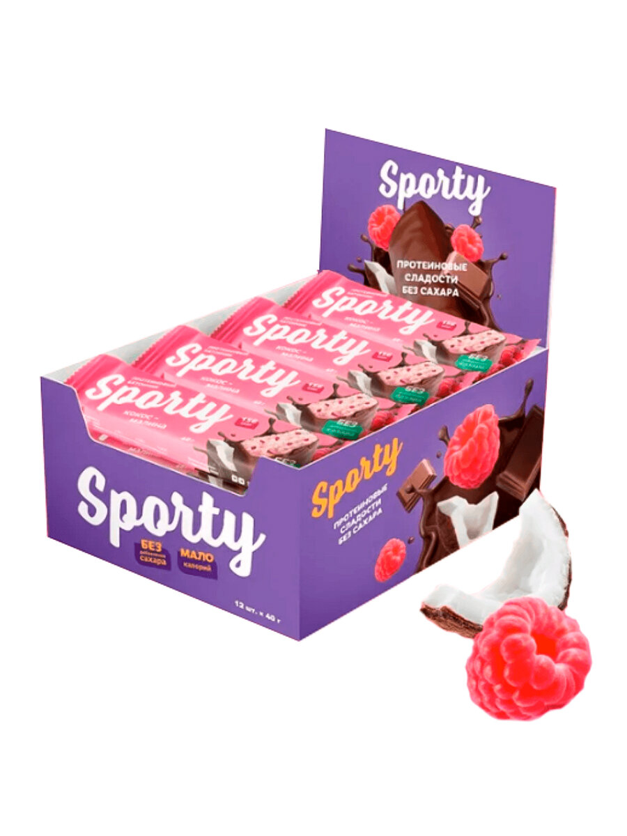 Протеиновый батончик глазированный без сахара, Кокос-малина, 12шт*40г, SPORTY