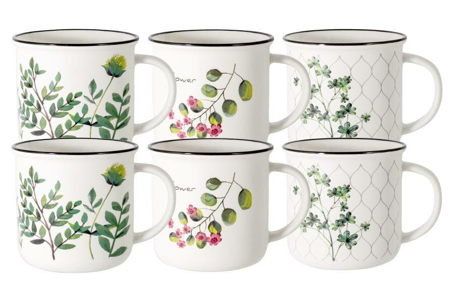 Набор 6 кружек, 400 мл, фарфор N, белая, Herbarium, Летний луг, Ветка брусники, Лапчатка (Anna Lafarg)