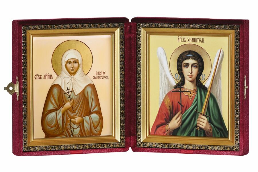 Икона складень София Селивестрова, Преподобномученица и Ангел Хранитель в бархатном футляре, 10х11 см