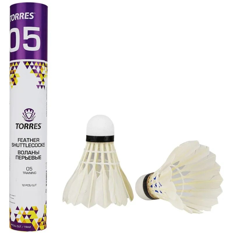 Воланы для бадминтона TORRES 05 (перо/пробка) BD20130, уп.12шт.бел 1996728