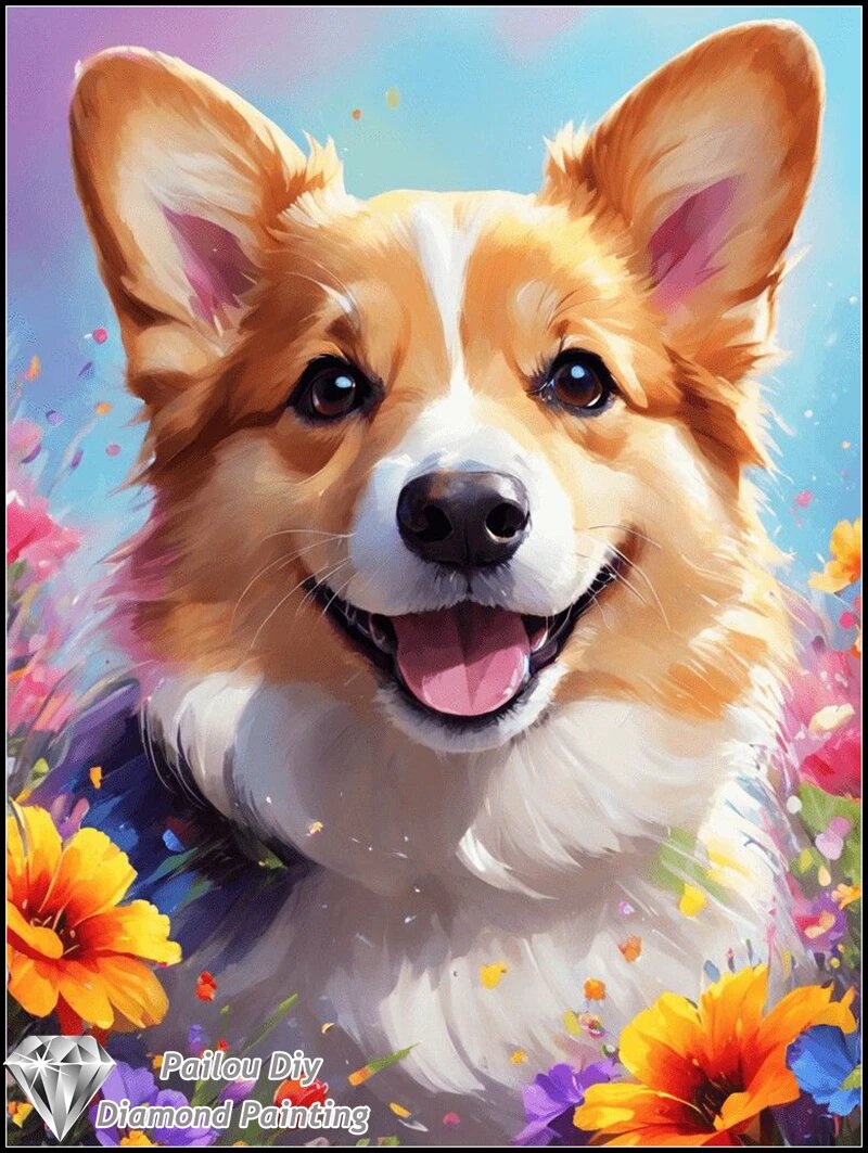 Картина из алмазной мозаики на подрамнике Круглые бриллианты 40х50см "Корги"
