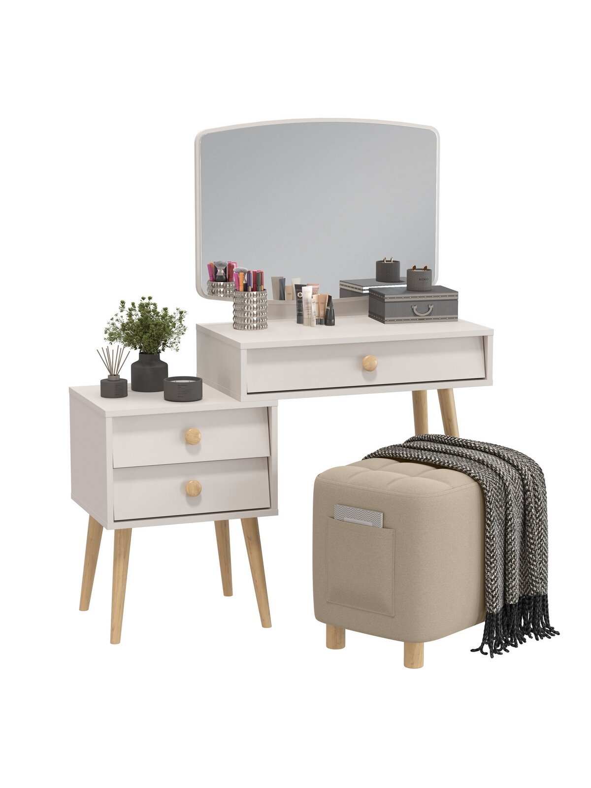 Трюмо для девушки Афина и тканевая банкетка Вики, кашемир серый/ткань бежевая, 105х38,6х129 + 53х40х46 см.